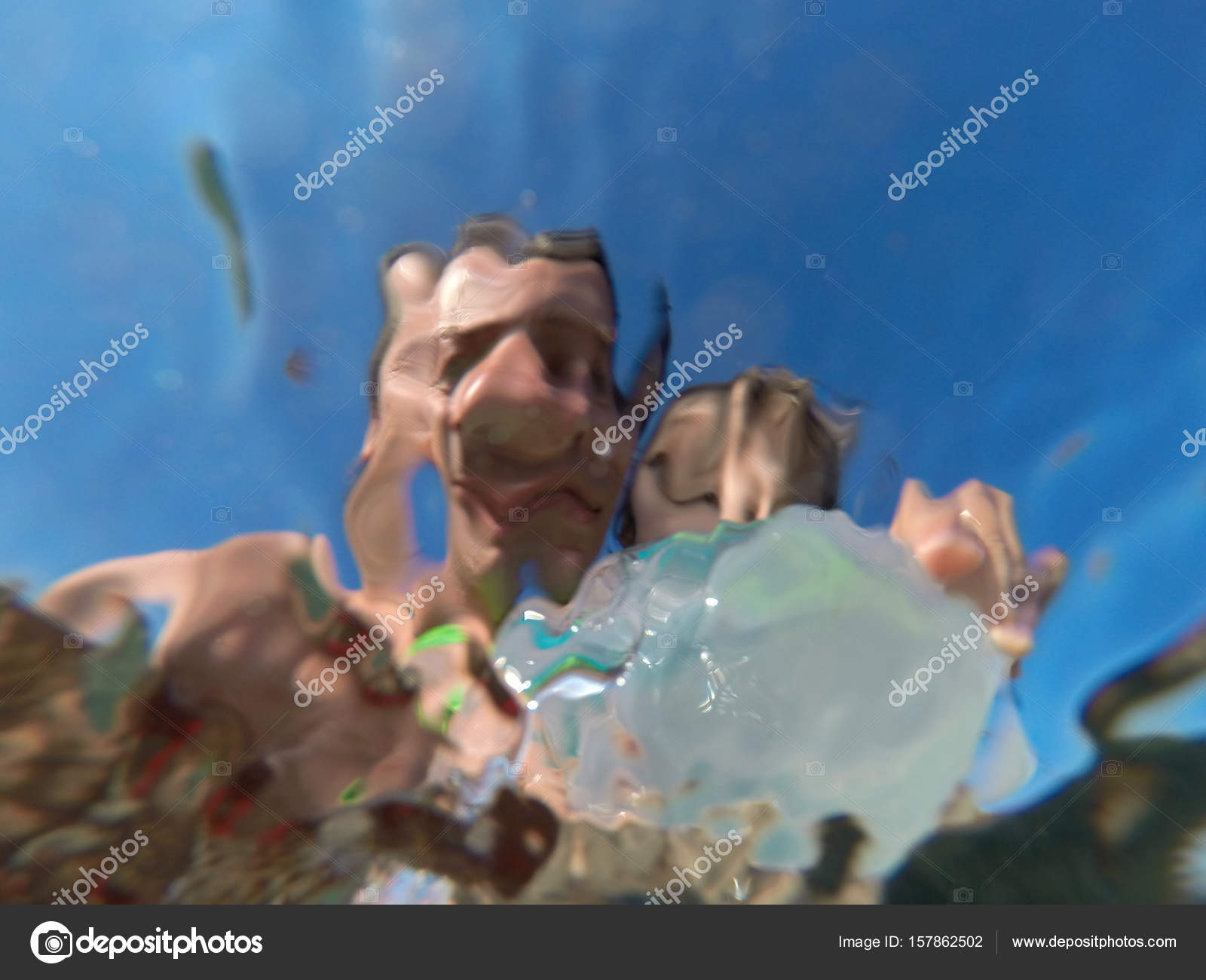 Underwater view of a father and her daughter with distorted face ...