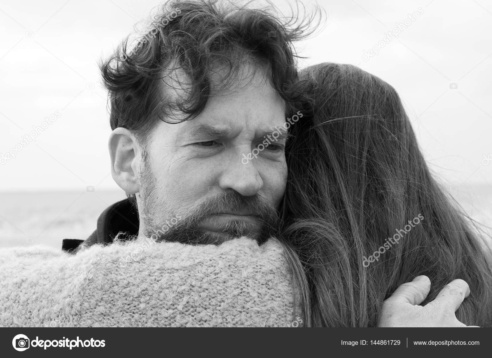 Sad Man Hugging Girlfriend Feeling Negative And Unhappy Black And White