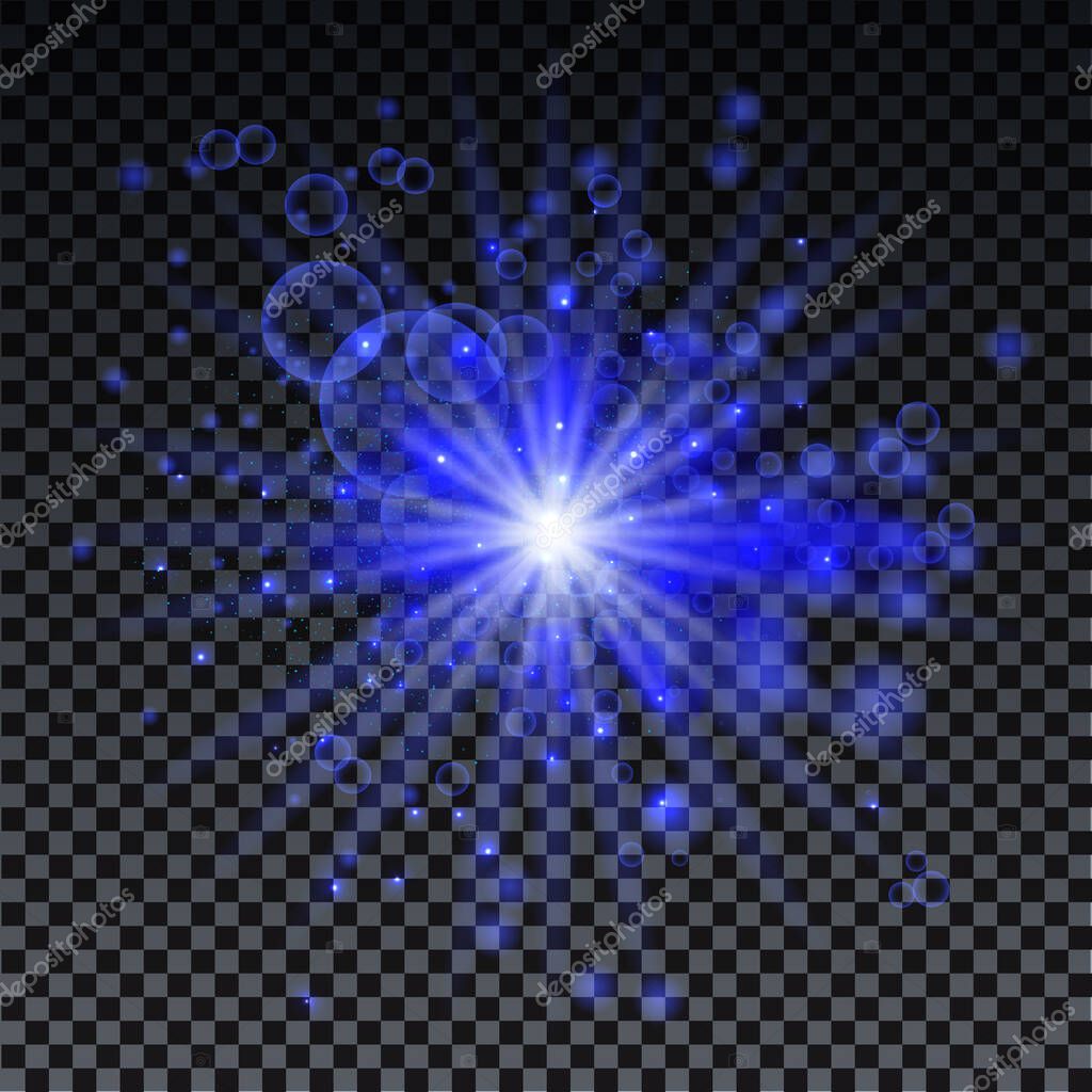 Estallido azul sobre fondo transparente con destellos y bokeh. Efecto ...