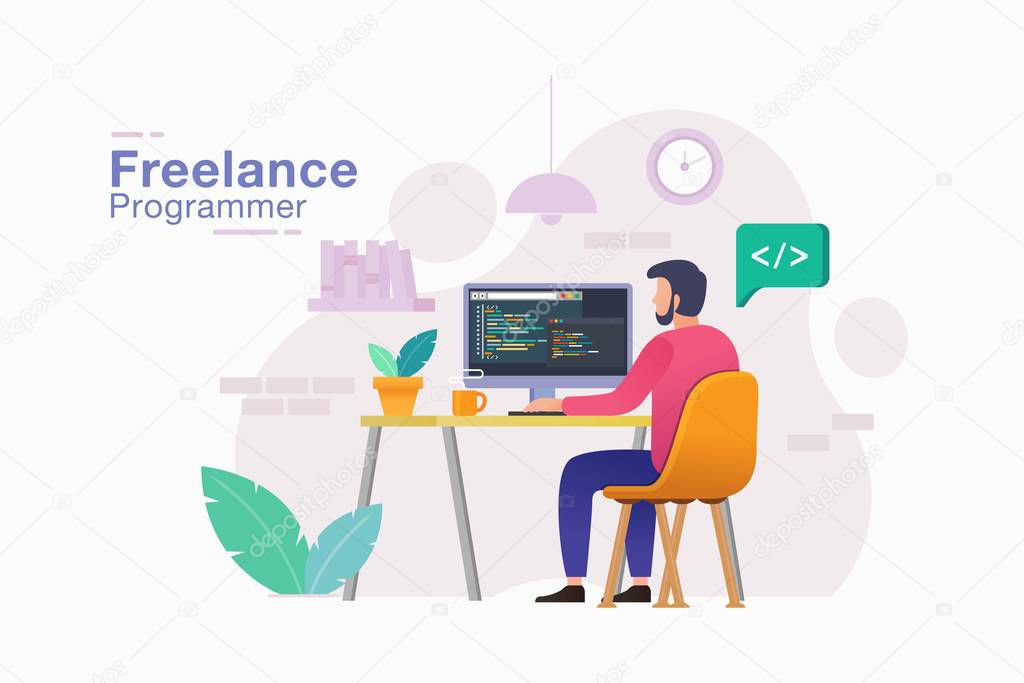 Programador freelancer. Hombres freelancer en estilo de moda trabajando su proyecto de trabajo ...