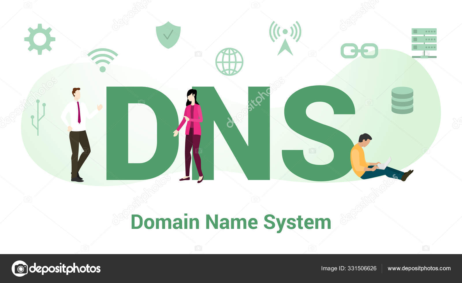 Dns conceito de sistema de nome de domínio com palavra grande ou texto e pessoas de equipe com ...