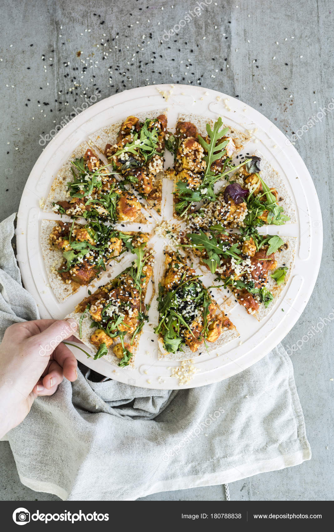 Chicken Rocket Pizza on a Stone Stock Photo by ©HealthyLauraCom 180788838
