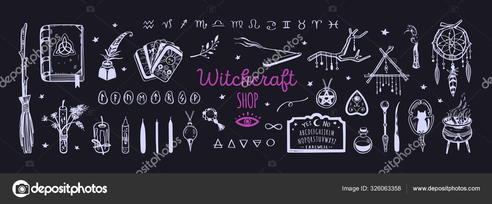 Witchcraft, magic background for witches and wizards. Wicca and pagan tradition. Vector vintage ...
