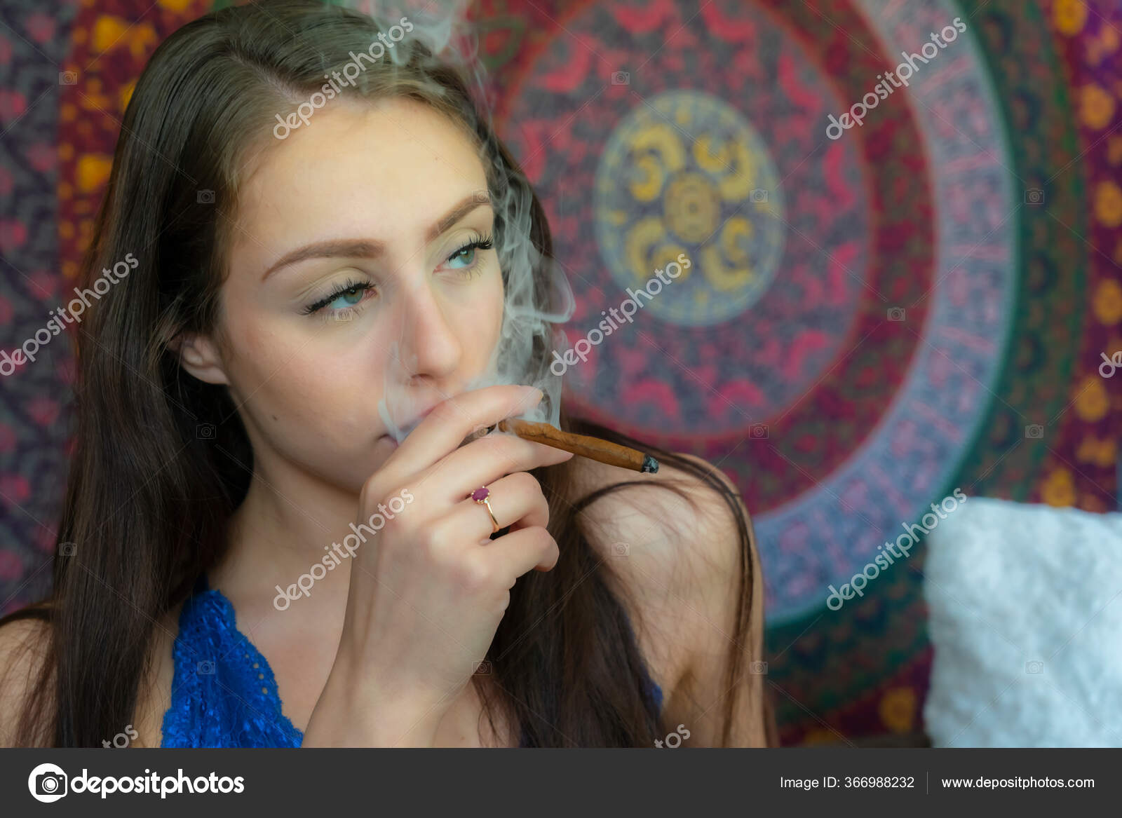 Beautiful Brunette Model Smokes Marijuana Privacy Her Own Home — Stock ...