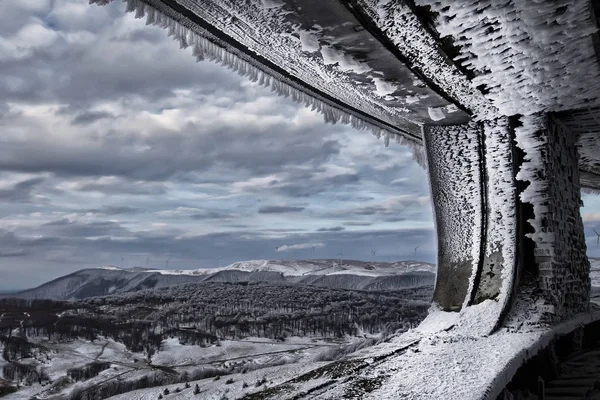 Frozen building, frozen wall during the cold winter at countryside ...