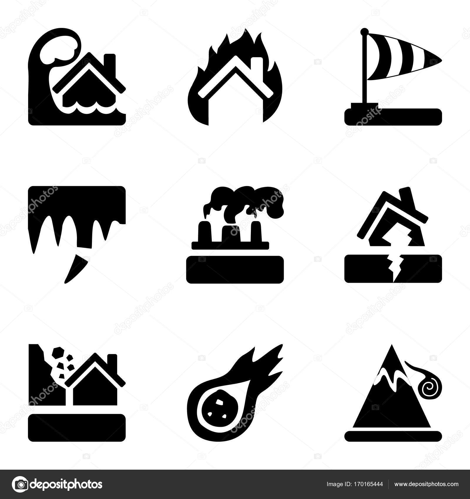 Vector black icons set with risks and dangers from natural disasters ...