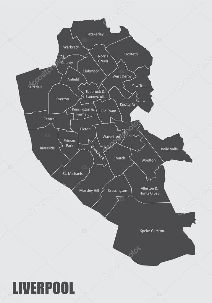 Liverpool mapa con distritos ilustración en blanco 2022