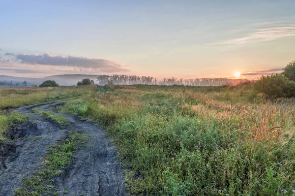 sunrise over the field in the autumn, dirt road leaving into the ...