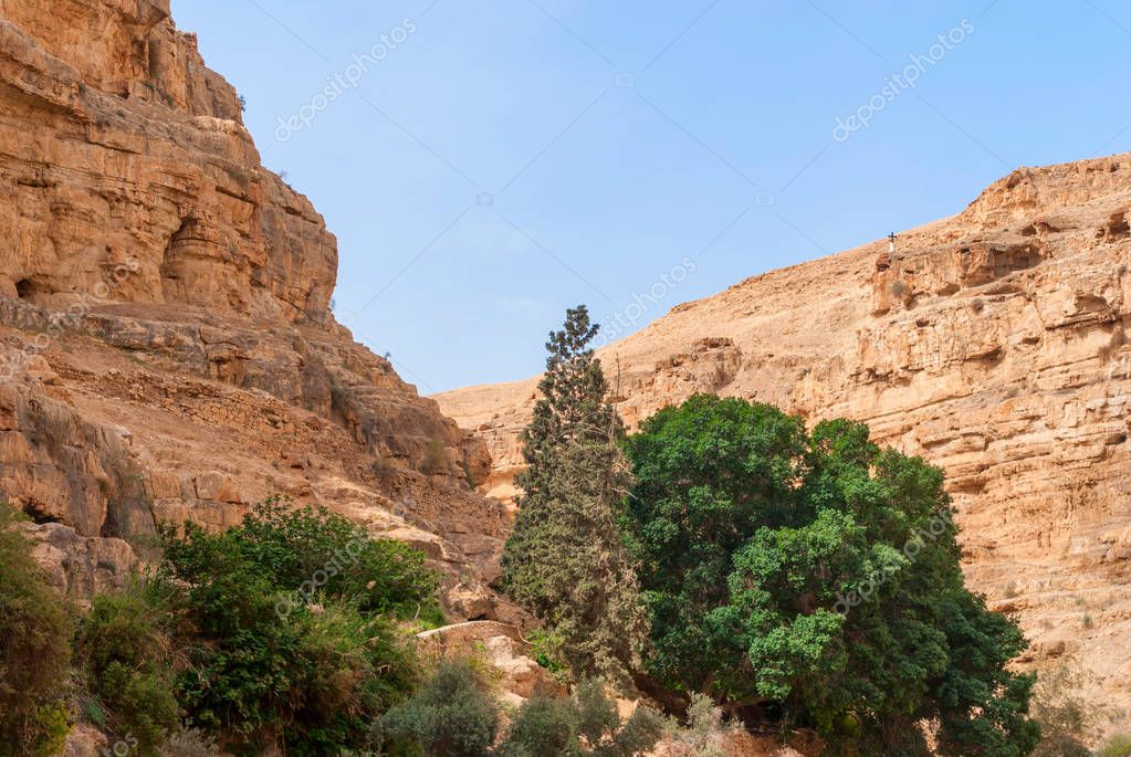 Wadi Qelt en el desierto de Judea alrededor del Monasterio Ortodoxo de ...