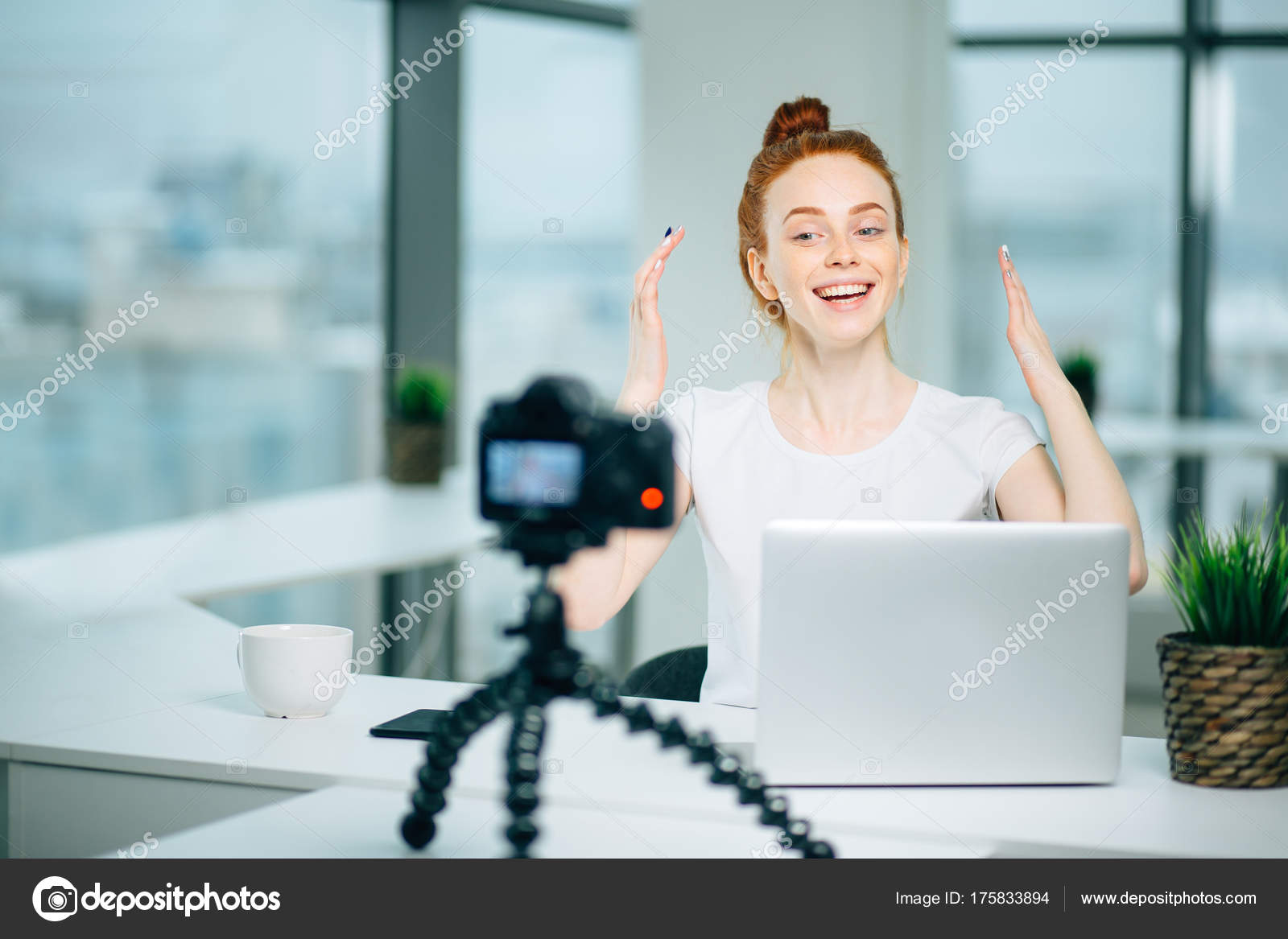 Female Vlogger Recording Broadcast At Home with laptop — Stock Photo ...