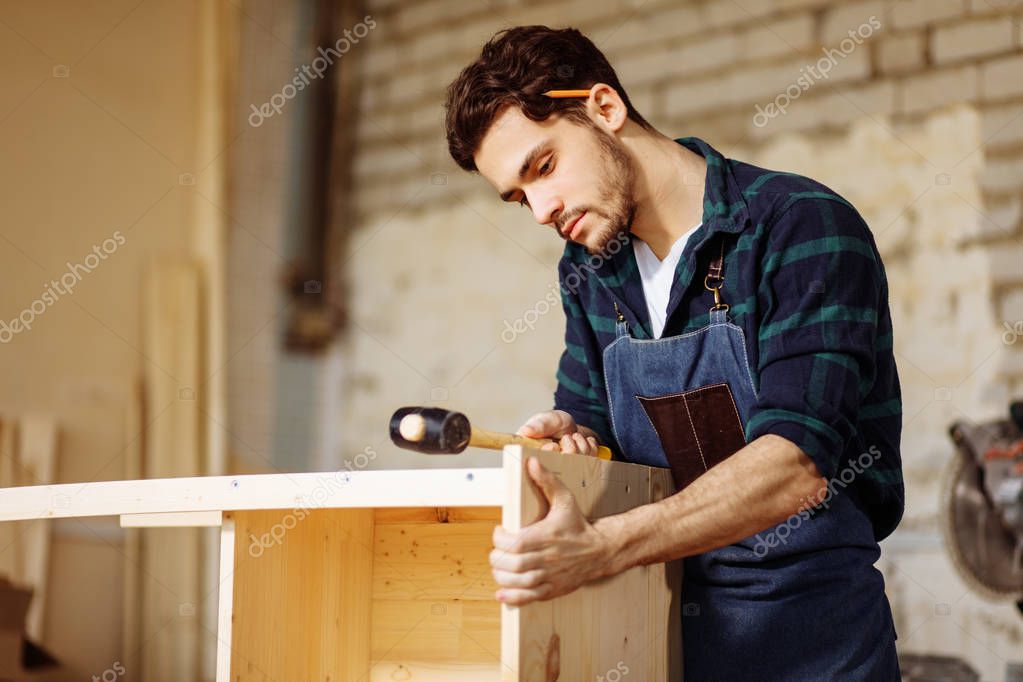 carpintero martillando un clavo en tablero de madera 2024