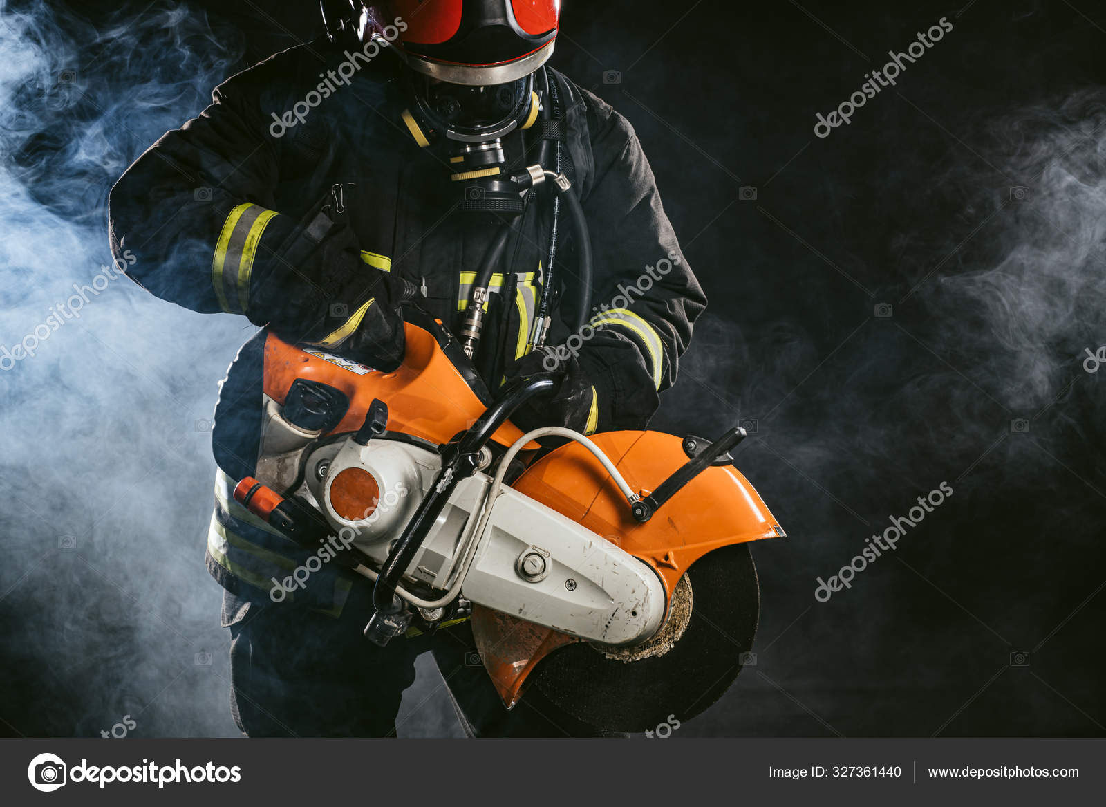 Brave serious and confident extinguisher with equipment — Stock Photo ...