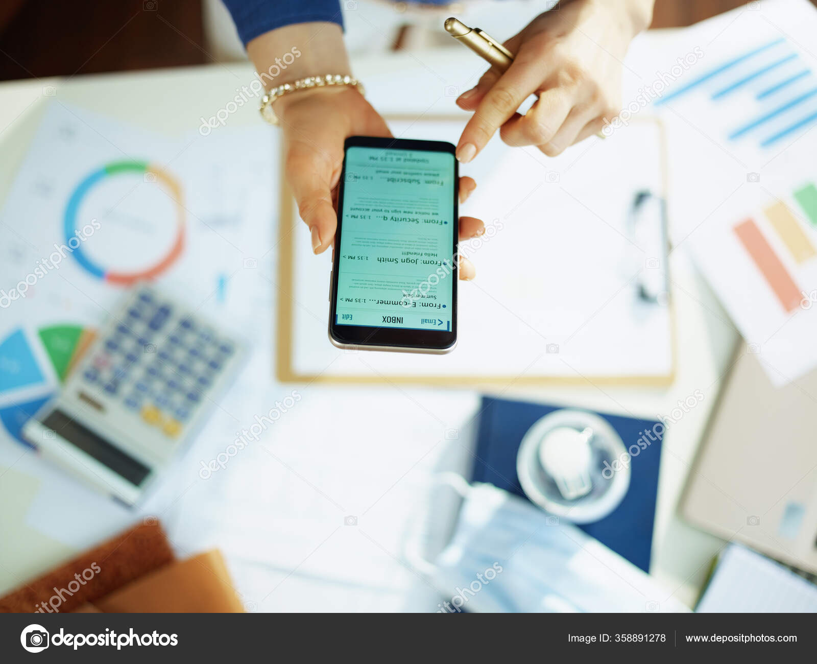 Upper View Business Woman Table Checking Emails Smartphone Stock Photo ...