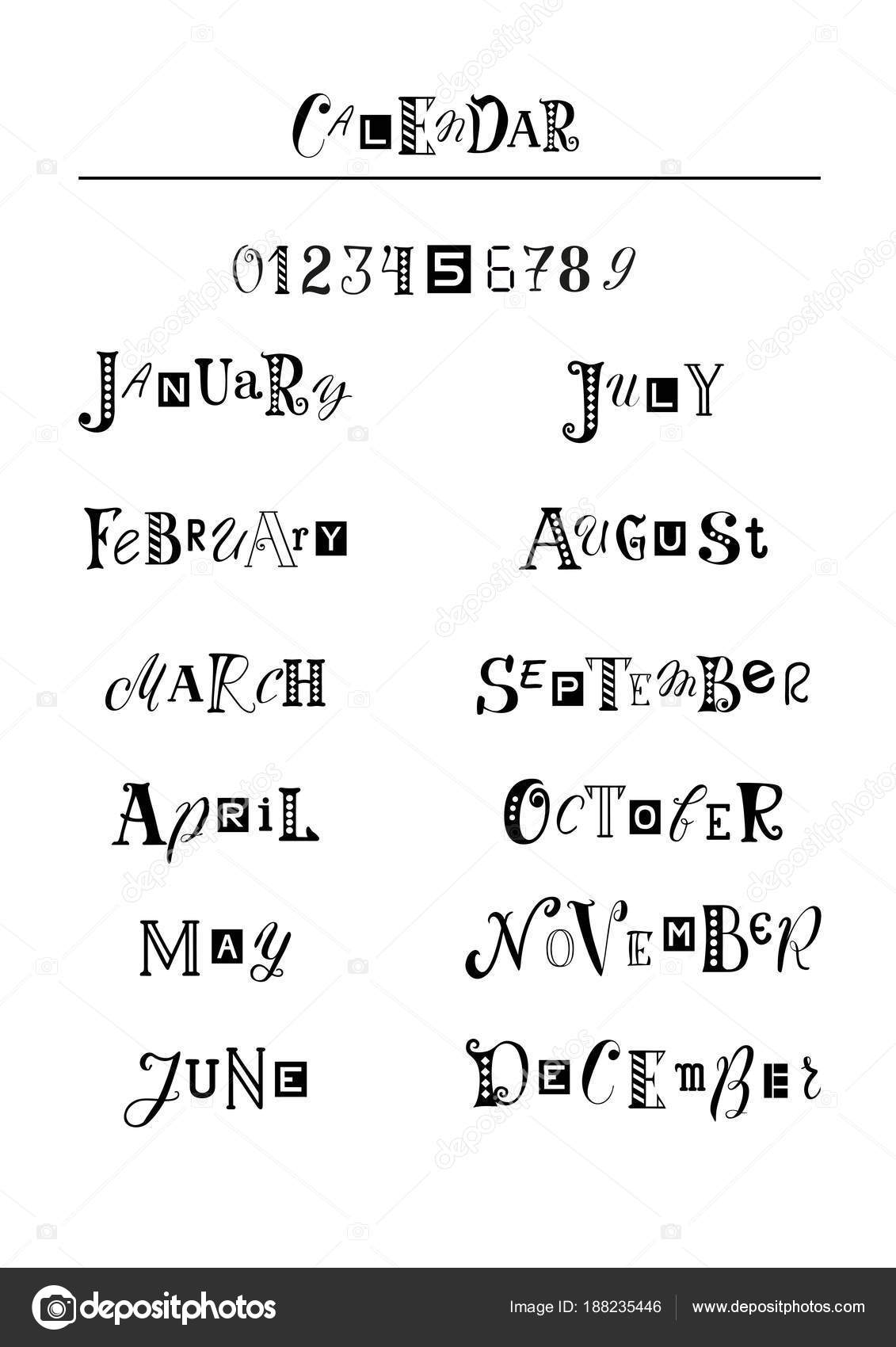 Letras Decorativas Desenhadas Mão Meses Ano Números Com Letras ...