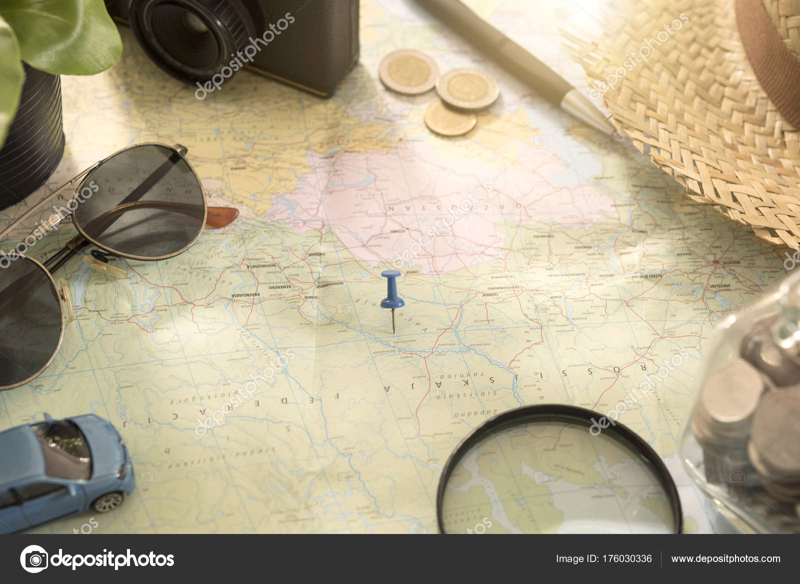 World map for planning vacation with other travel accessories Stock ...