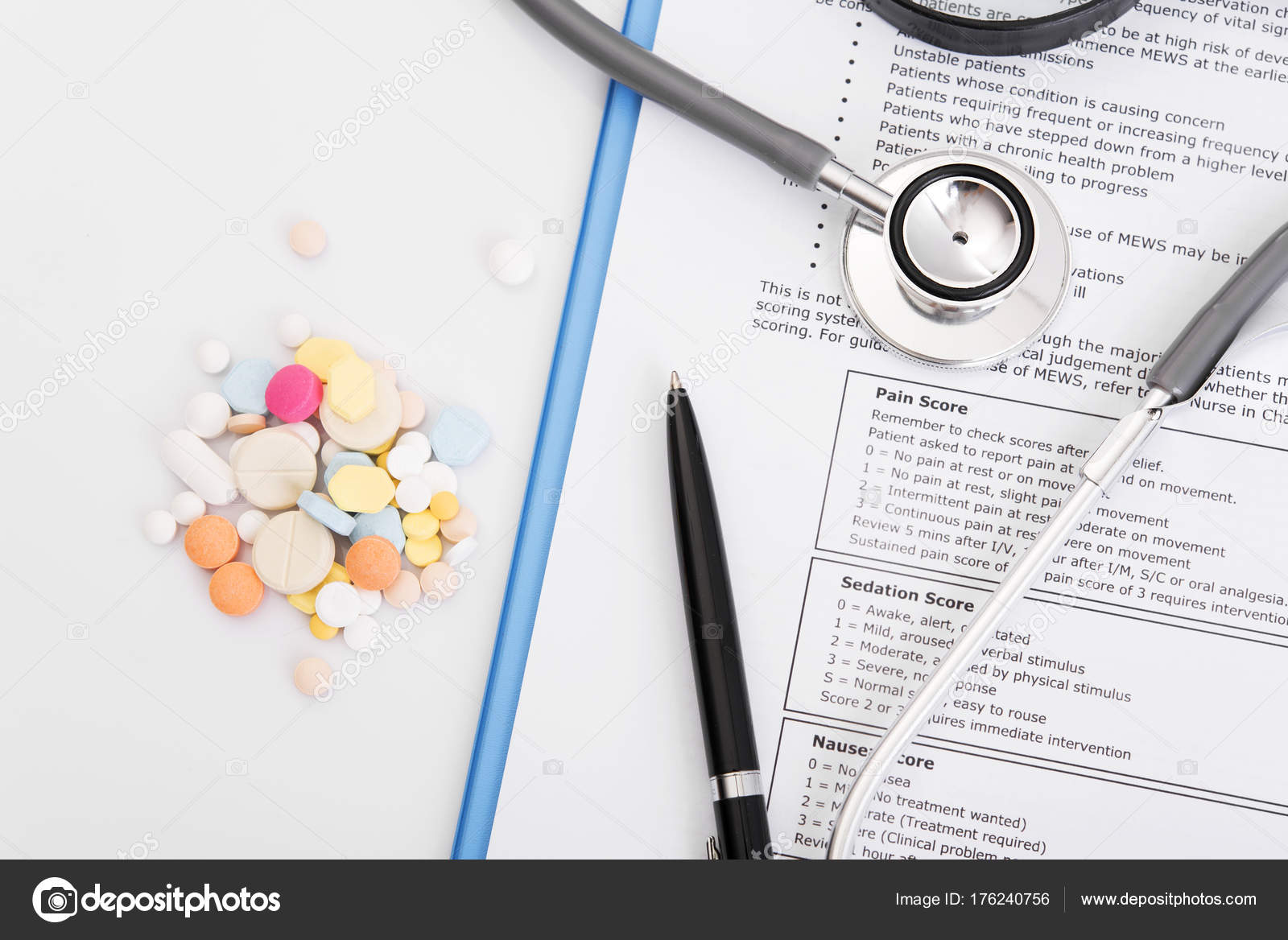 Pharmacy background on table. Stethoscope and prescription paper Stock ...