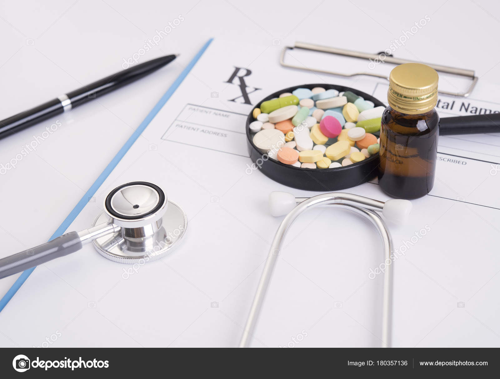 Pharmacy background on table. Stethoscope and prescription paper Stock ...