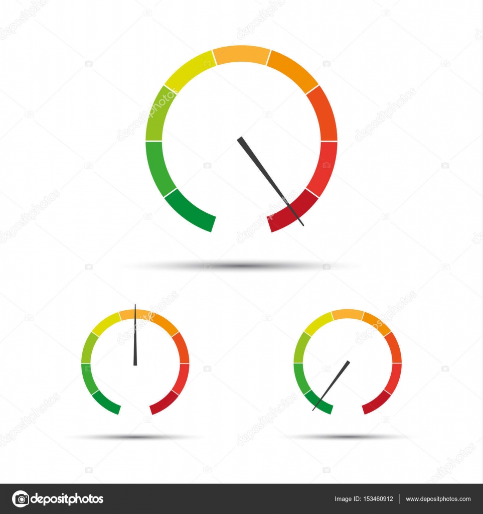Set of simple vector tachometers with indicators in red, yellow and ...