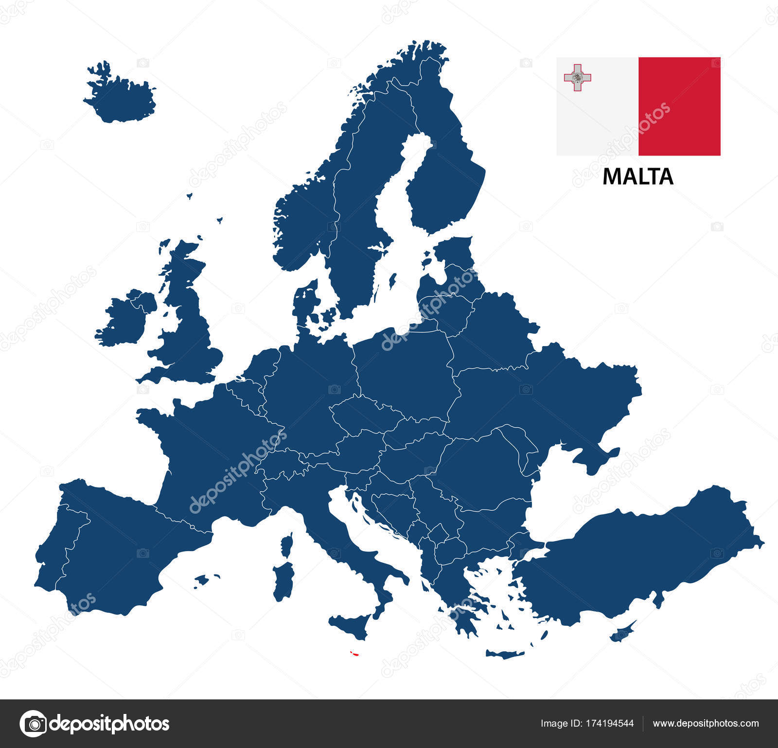 Vector illustration of a map of Europe with highlighted Malta and ...