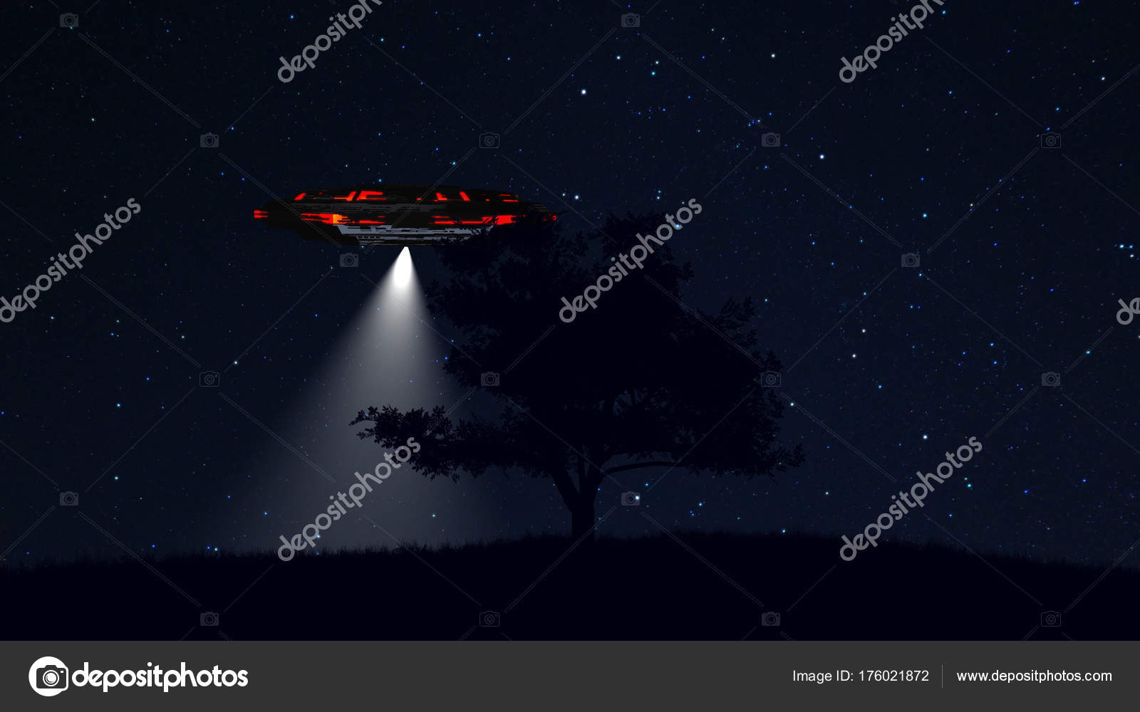 UFO behind Lonely Tree under Amazing Night Sky — Stock Photo ...