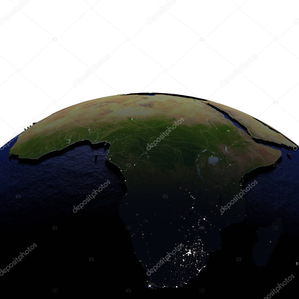 África en la noche en el modelo de la Tierra con la tierra en relieve 2023