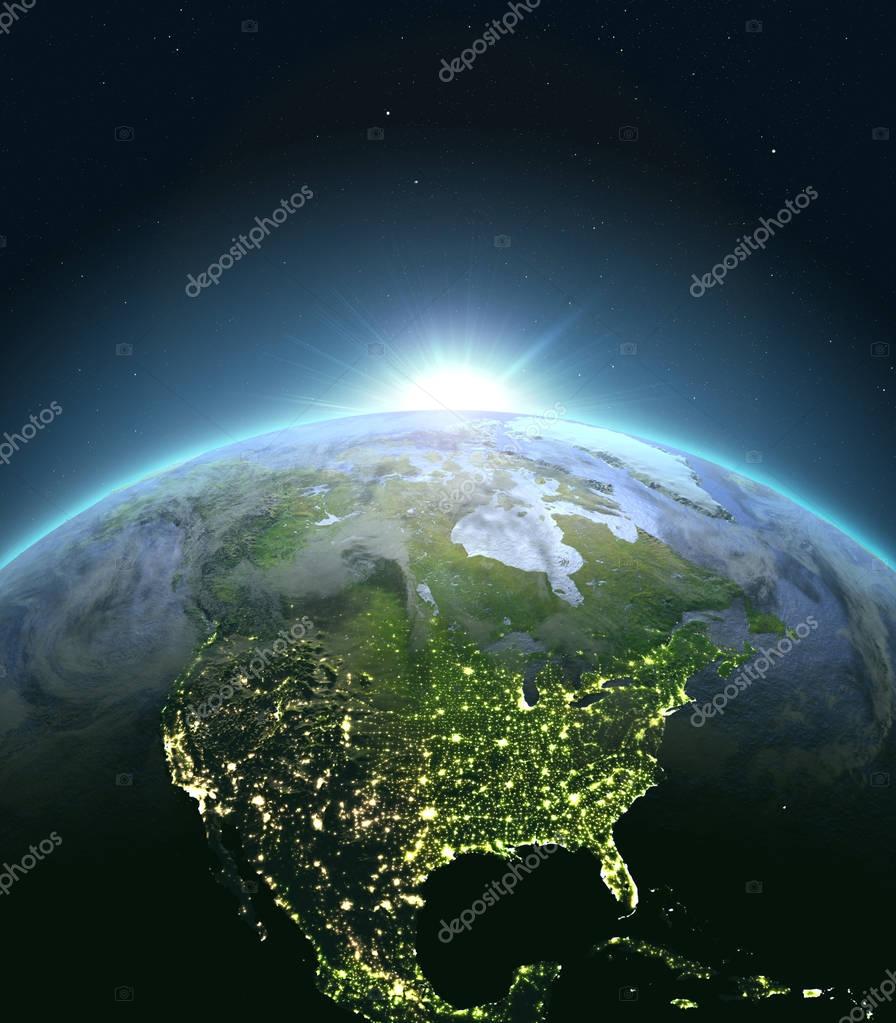 North America from space during sunrise — Stock Photo © tom.griger ...