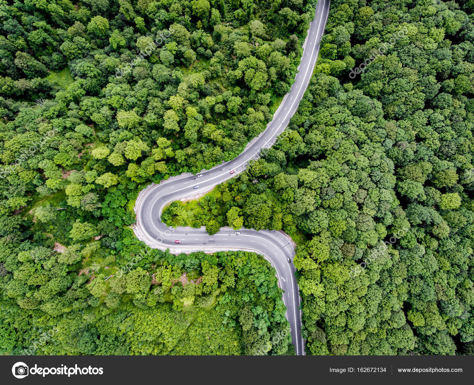 Curved road trough the forest viewed from above Stock Photo by ...