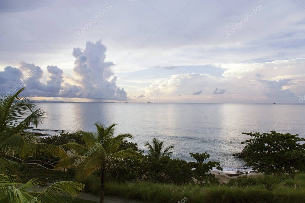Cielo dramático y palmeras y océano en la playa de Puerto Rico 2022