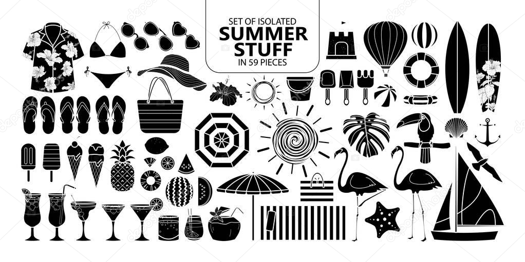 Set of isolated silhouette summer stuff in 59 pieces. — Stock Vector ...