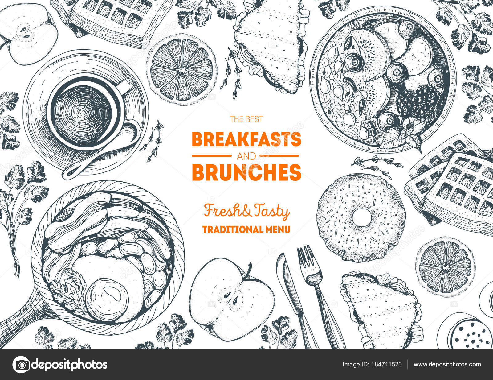 Vector Illustration Design Brunch Breakfast Top View Frame Food Menu ...