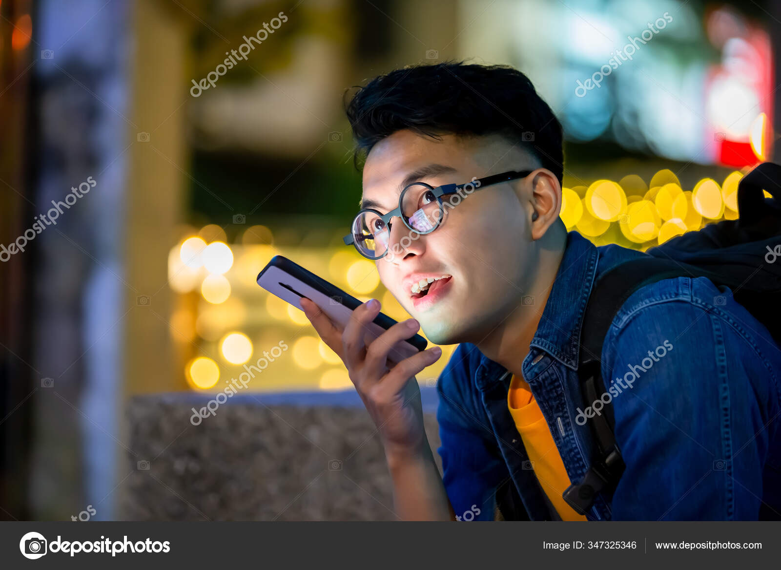 Asian Young Man Send Vocal Messages Use Voice Assistant Outdoor — Stock ...