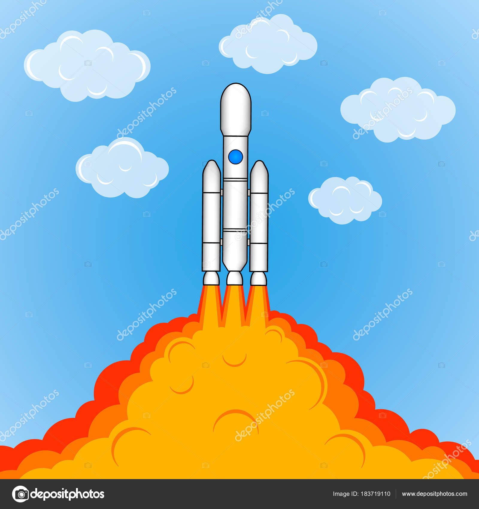 Space Rocket Flies Launch Drawing Rockets Start Gases Fuel Vector ...