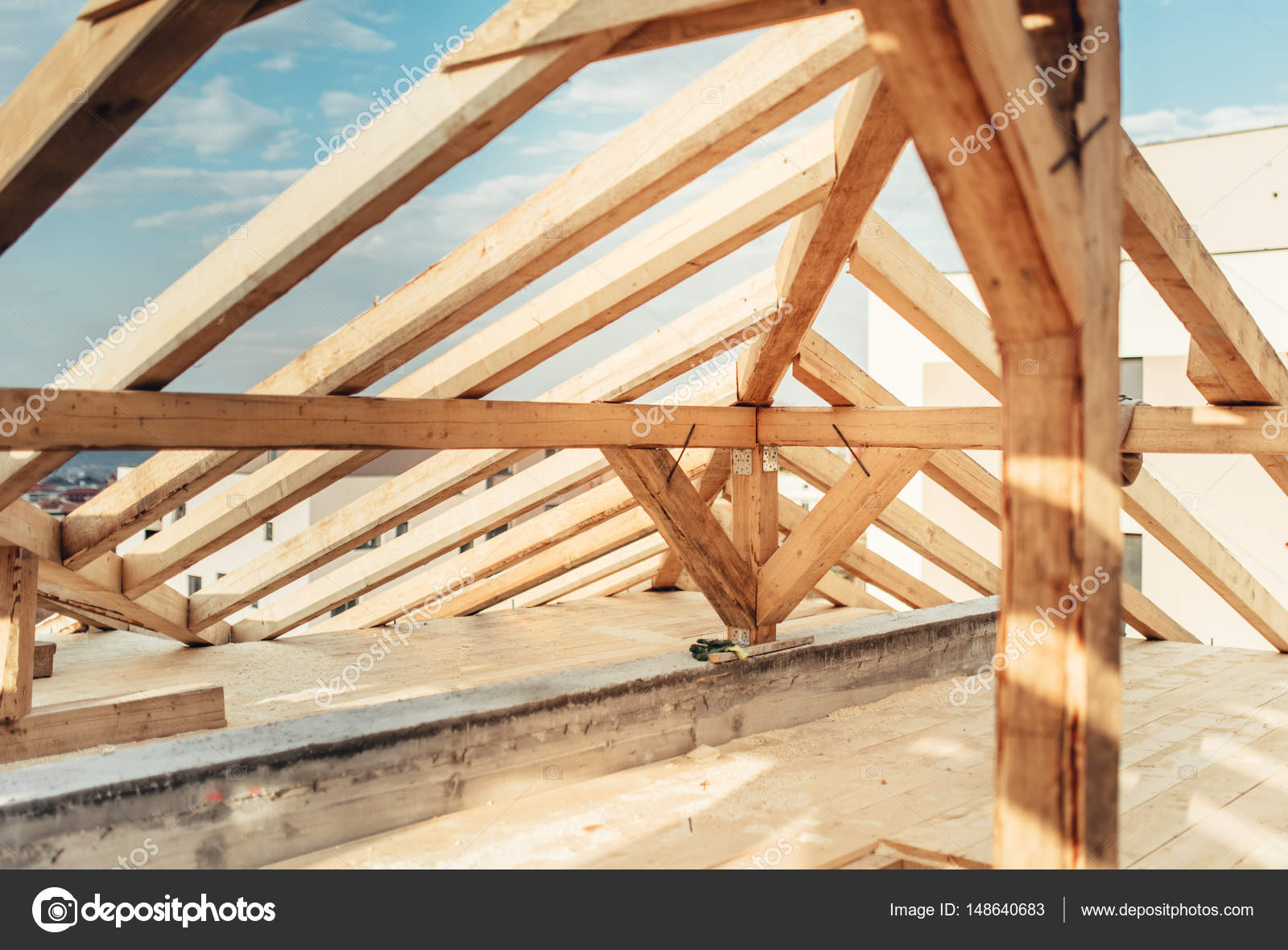 Architectural details of inside of attic, wooden roof system at ...