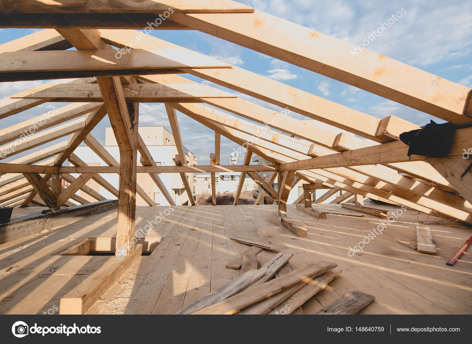 Construction details - framing installing the roof truss system — Stock ...