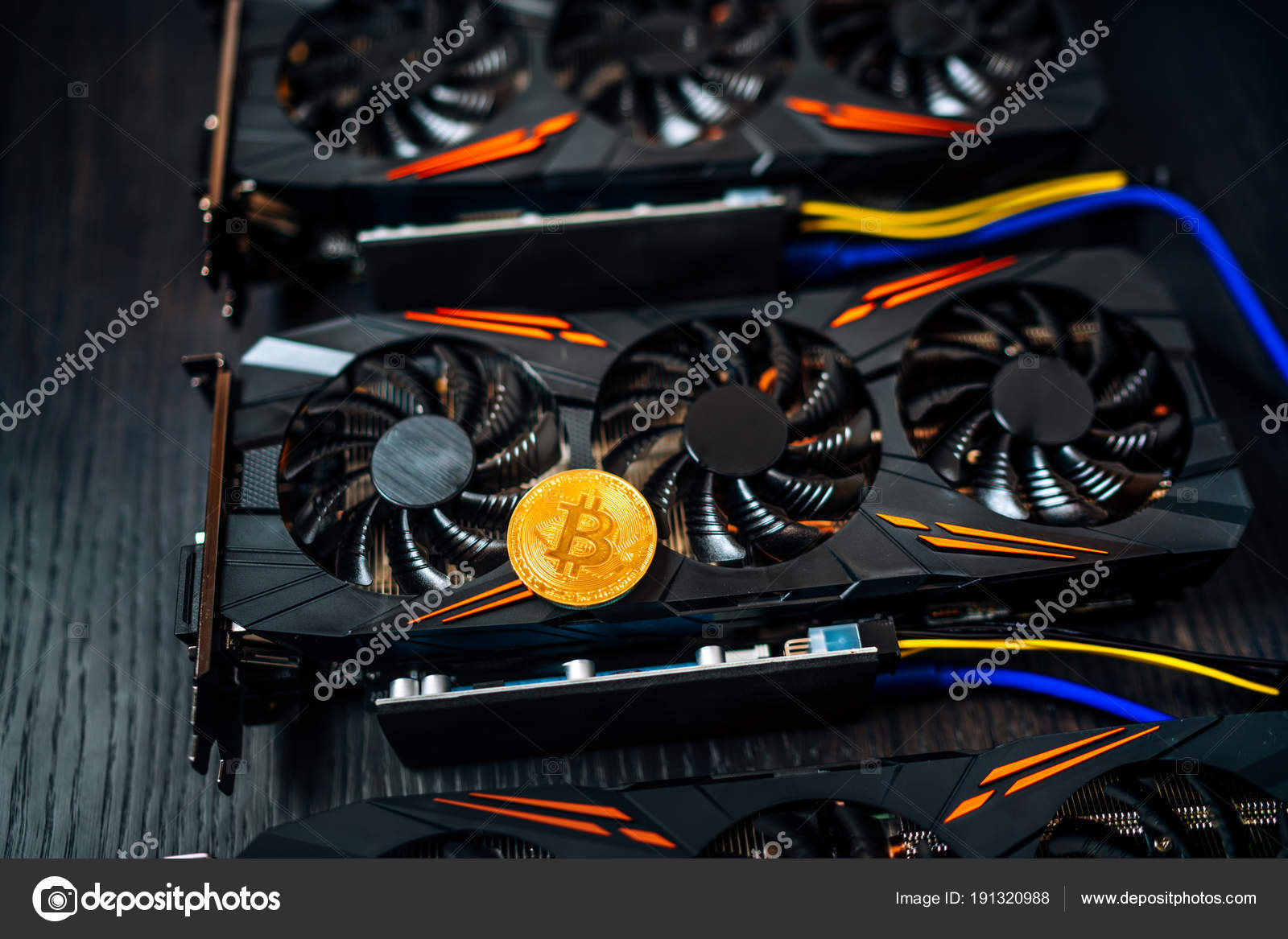 Close up details of modern mining business with gpu, graphics cards ...