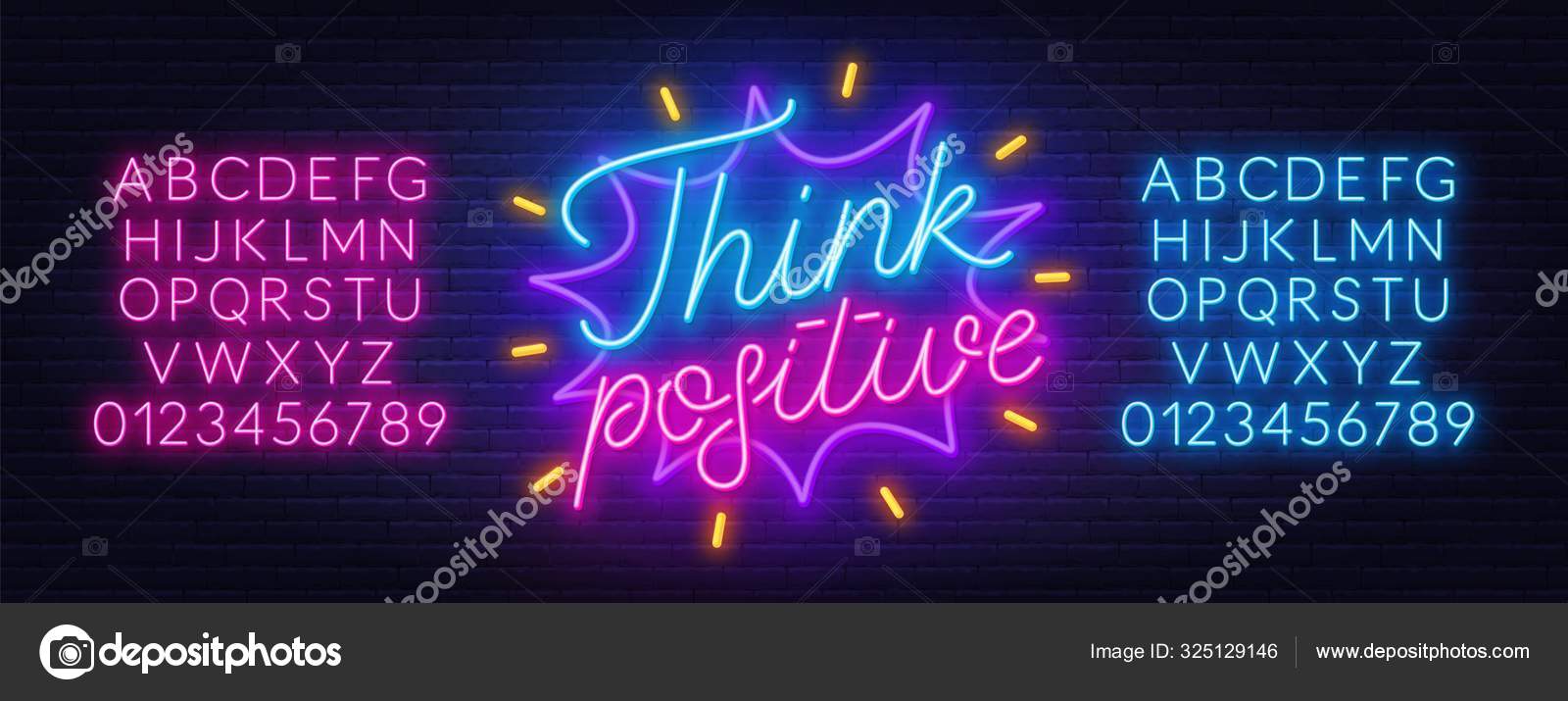 Think positive neon lettering on brick wall background. Stock Vector ...