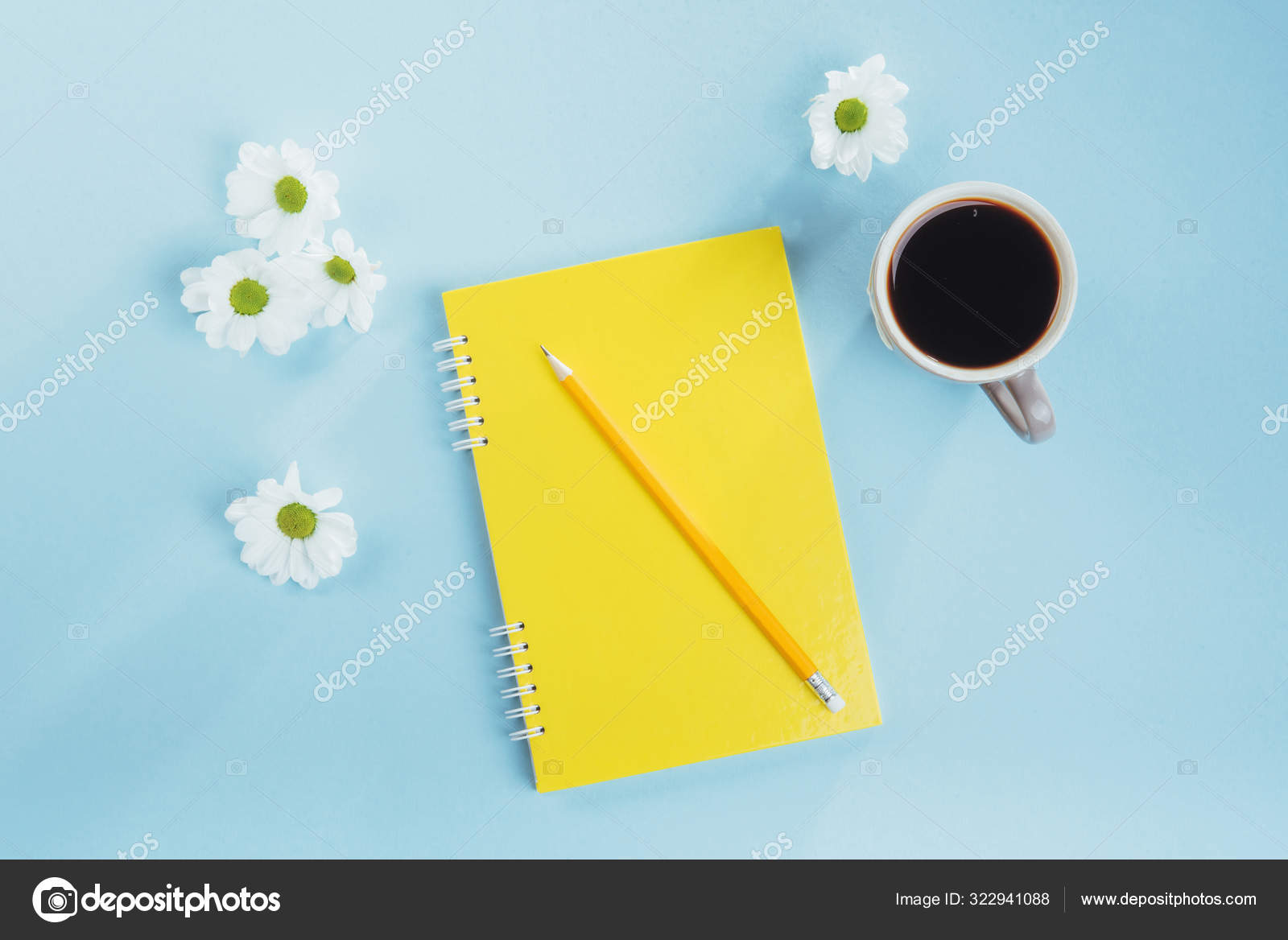 Blue Background Notebook Pencil Ruler White Flowers Stock Photo by ...