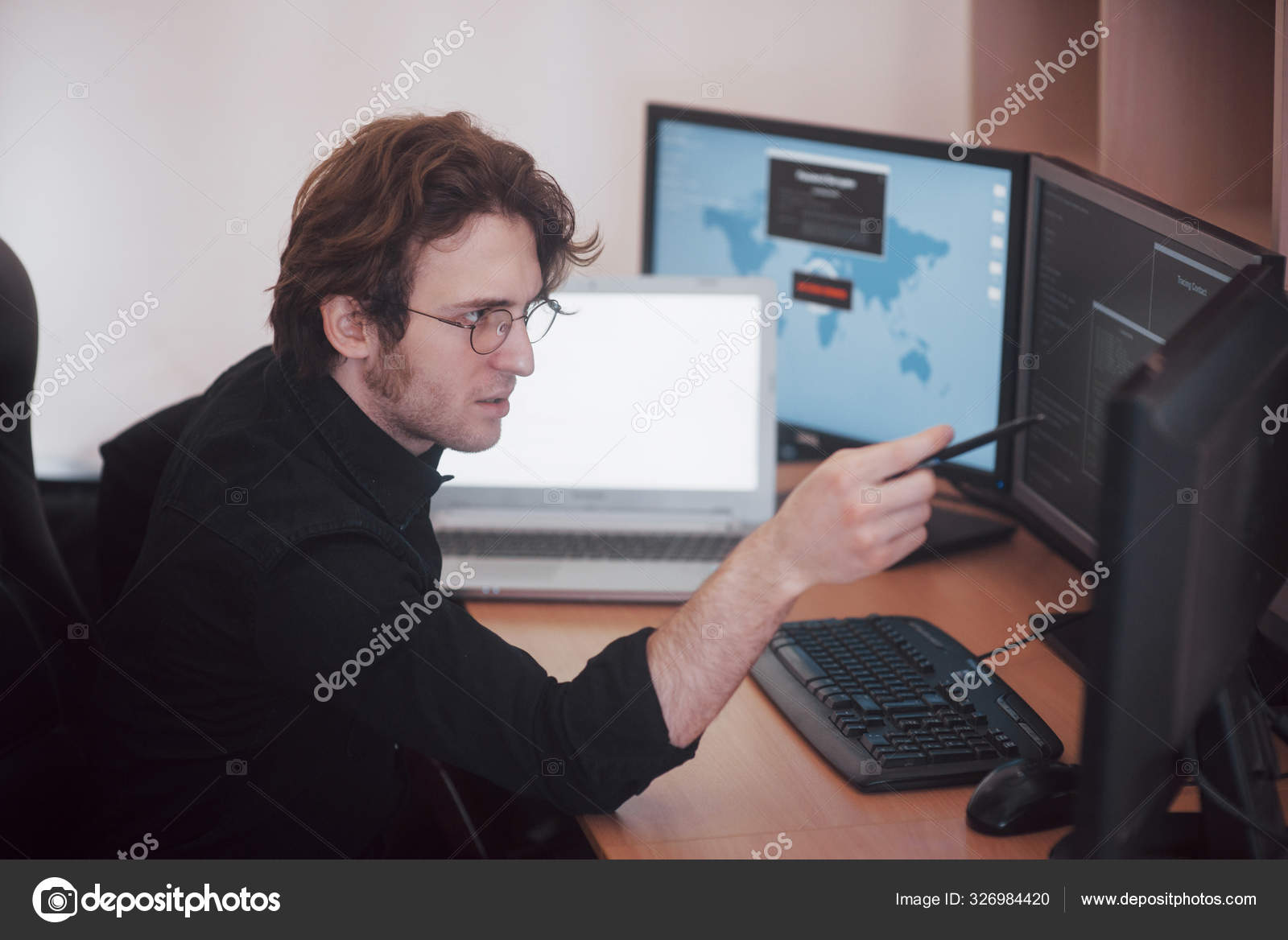 Male Programmer Working Desktop Computer Many Monitors Office Software Develop — Stock Photo ...