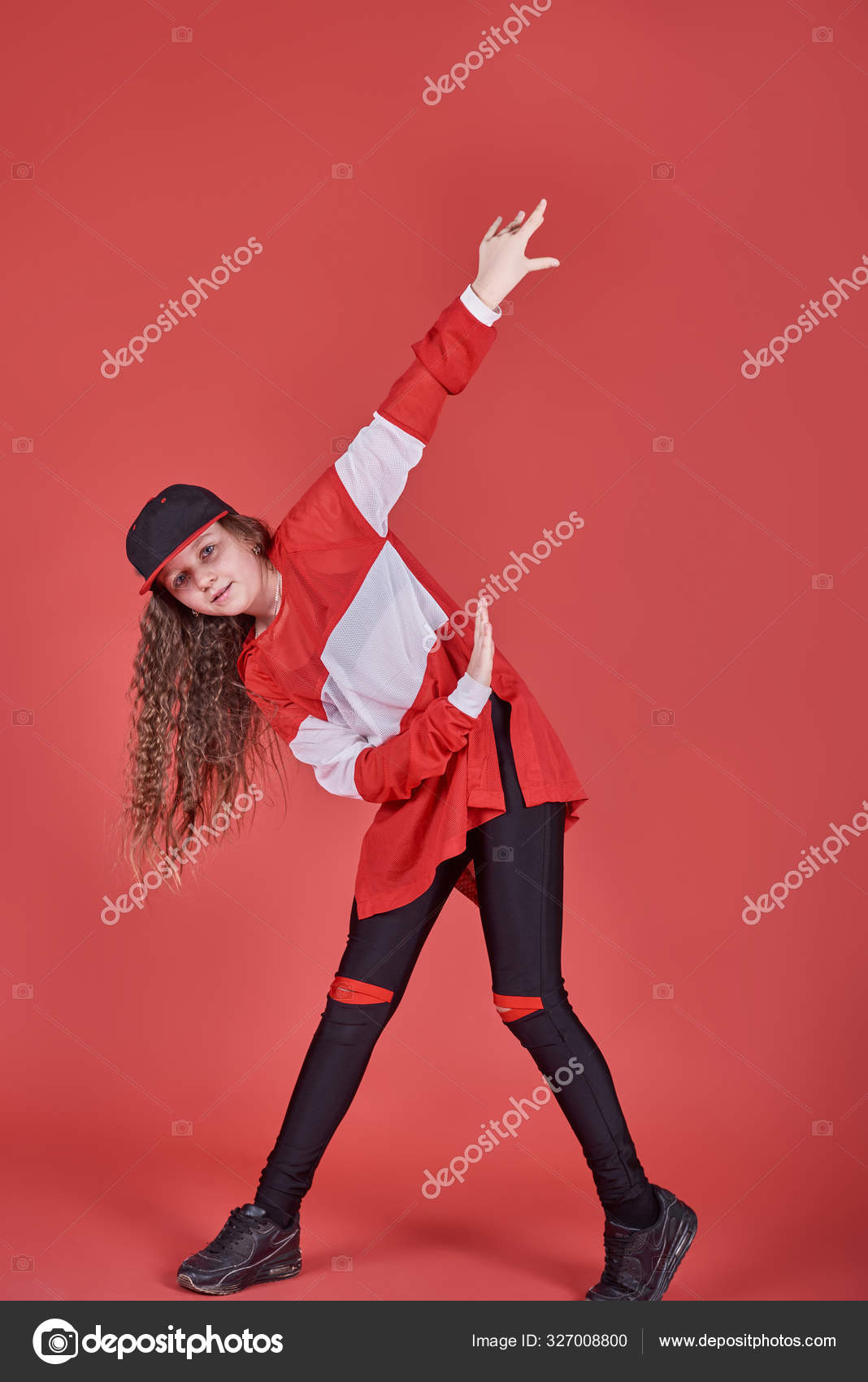 Young Beautiful Cute Girl Dancing Red Background Modern Slim Hip Stock ...