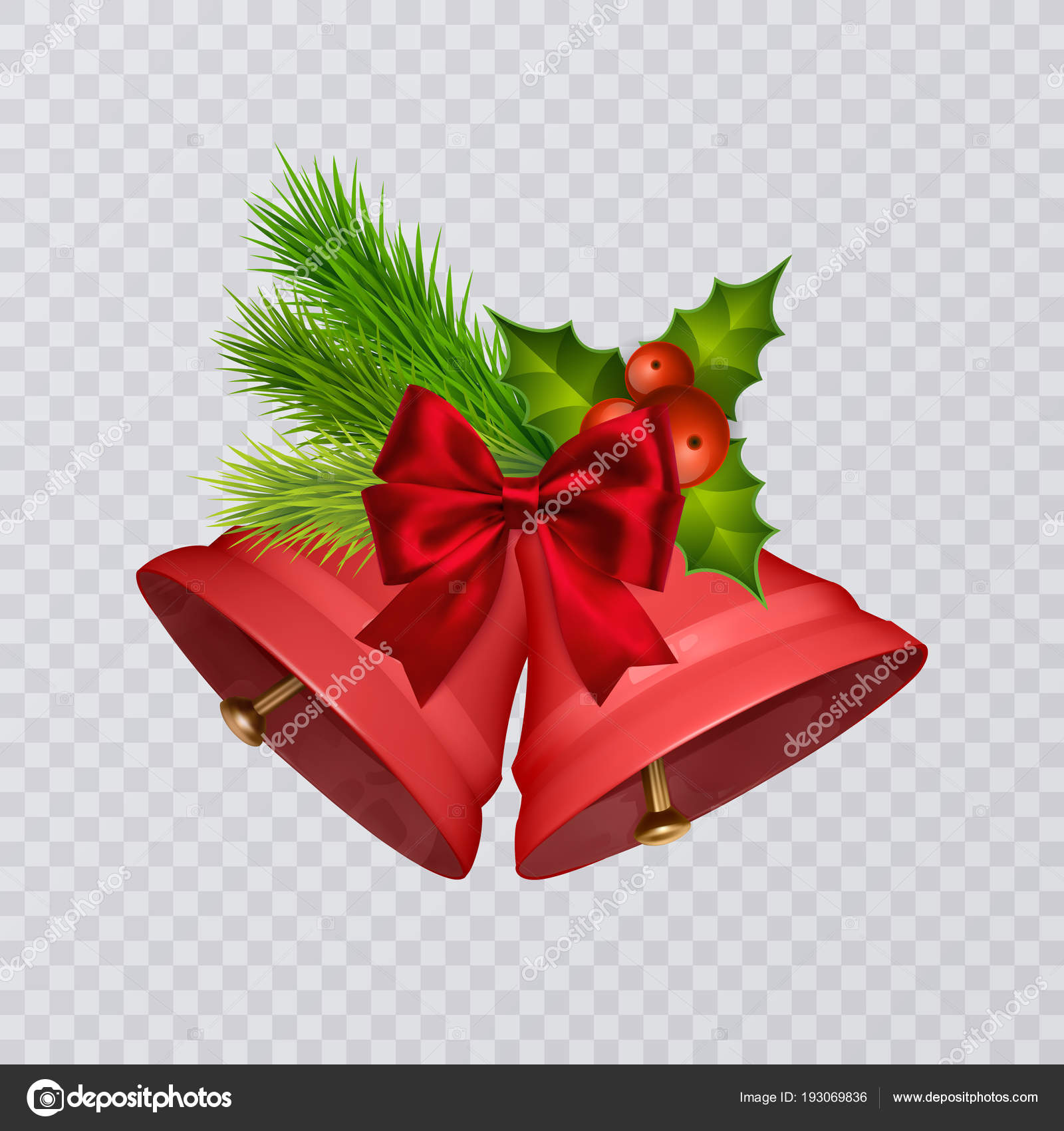 Set of vector red Christmas bells with realistic bows and holly ...