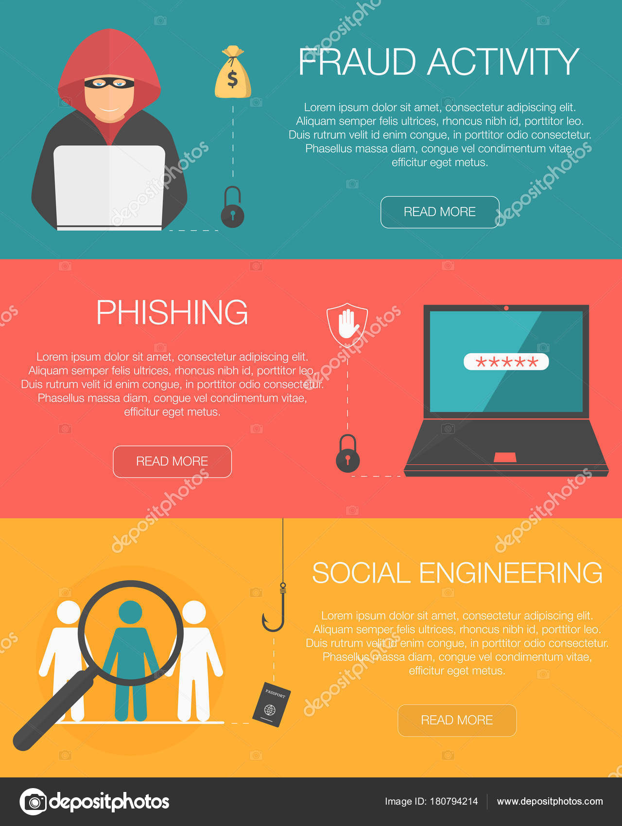 Cyber Crime Horizontal Banners Fraud Phishing Social Engineering Flat ...