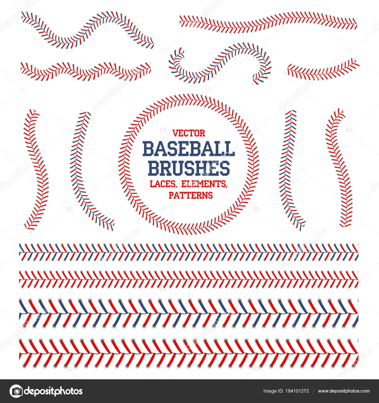 Baseball laces set. Baseball seam brushes. Red and blue stitches, laces ...