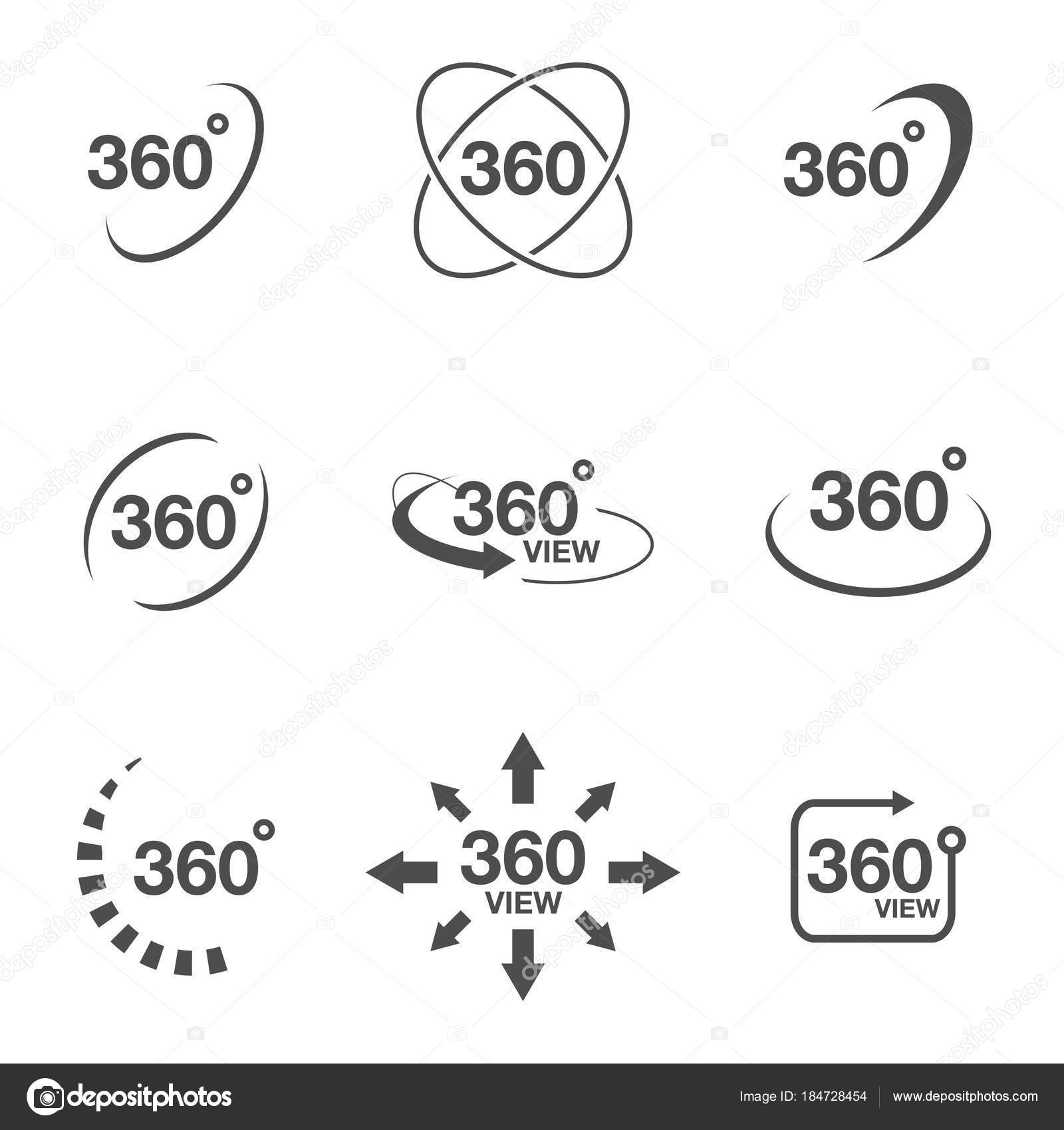 360 degree view related icon set. Signs and arrows for indicate the ...