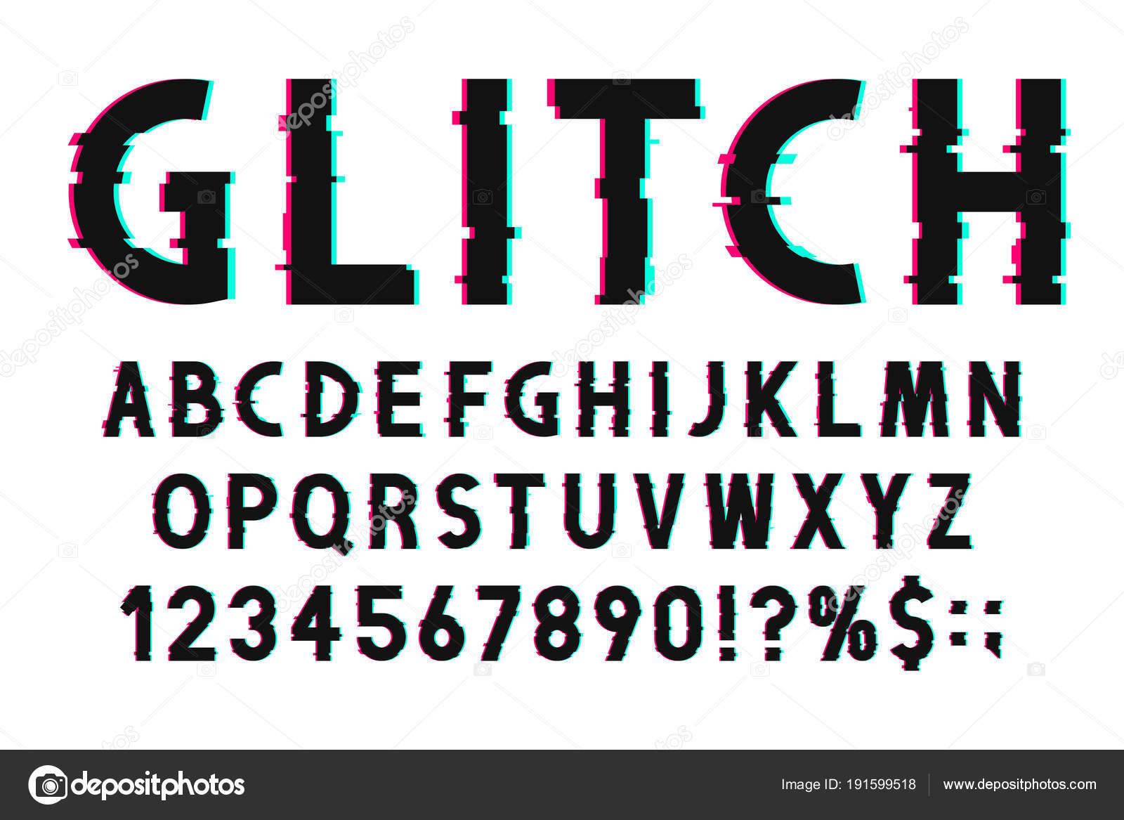Glitch font with distorted effect in 80s and 90s style. Glitch english ...