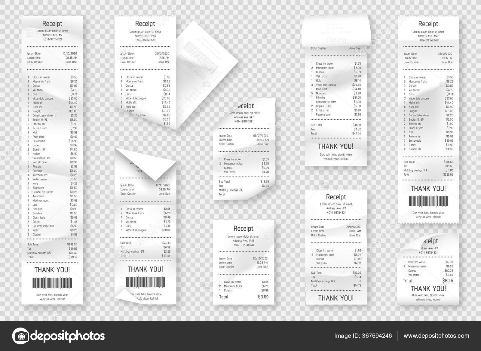 Set Paper Receipts Isolated Background Realistic Paper Receipt Check ...