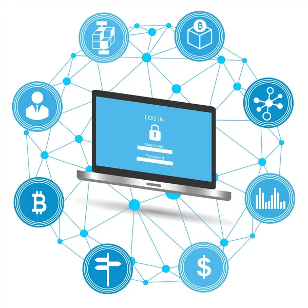 Block chain Security concept. Laptop with security protection and icons ...