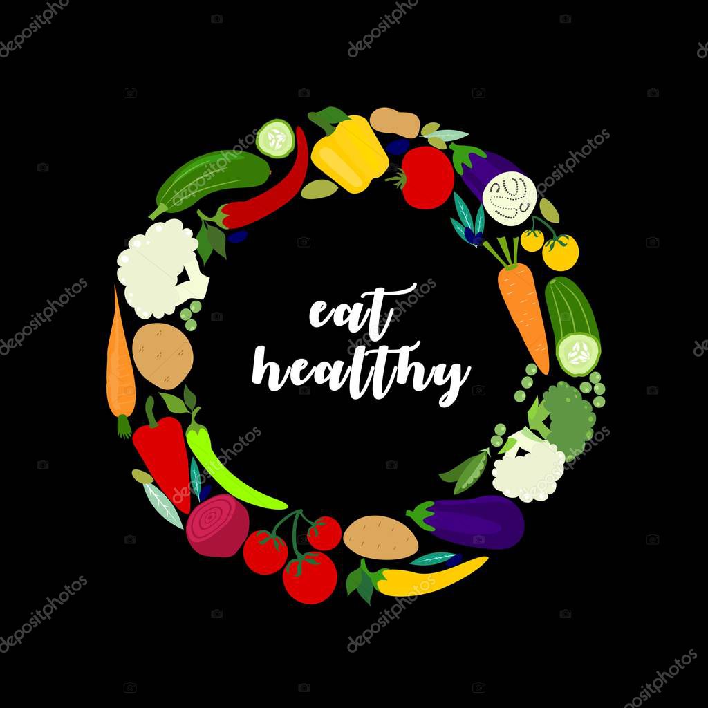 Verduras en círculo con fondo negro. Coma alimentos saludables. Icono ...