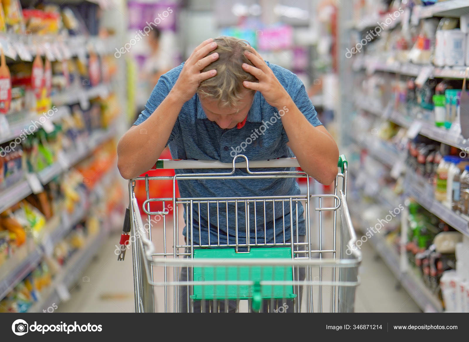 Upset Man Supermarket Empty Shopping Trolley Crises Rising Prices Goods ...