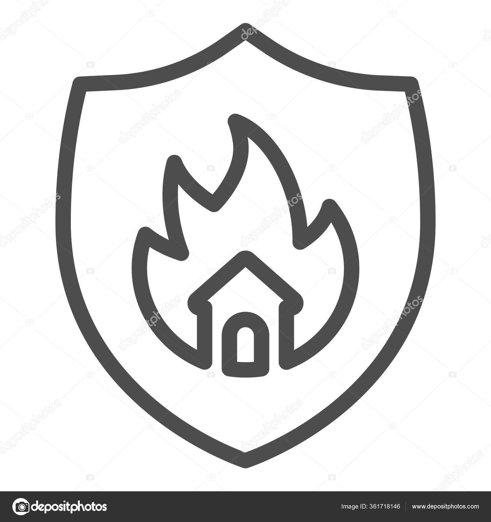 Emblem of fire protection line icon. Symbol of house in fire shield ...