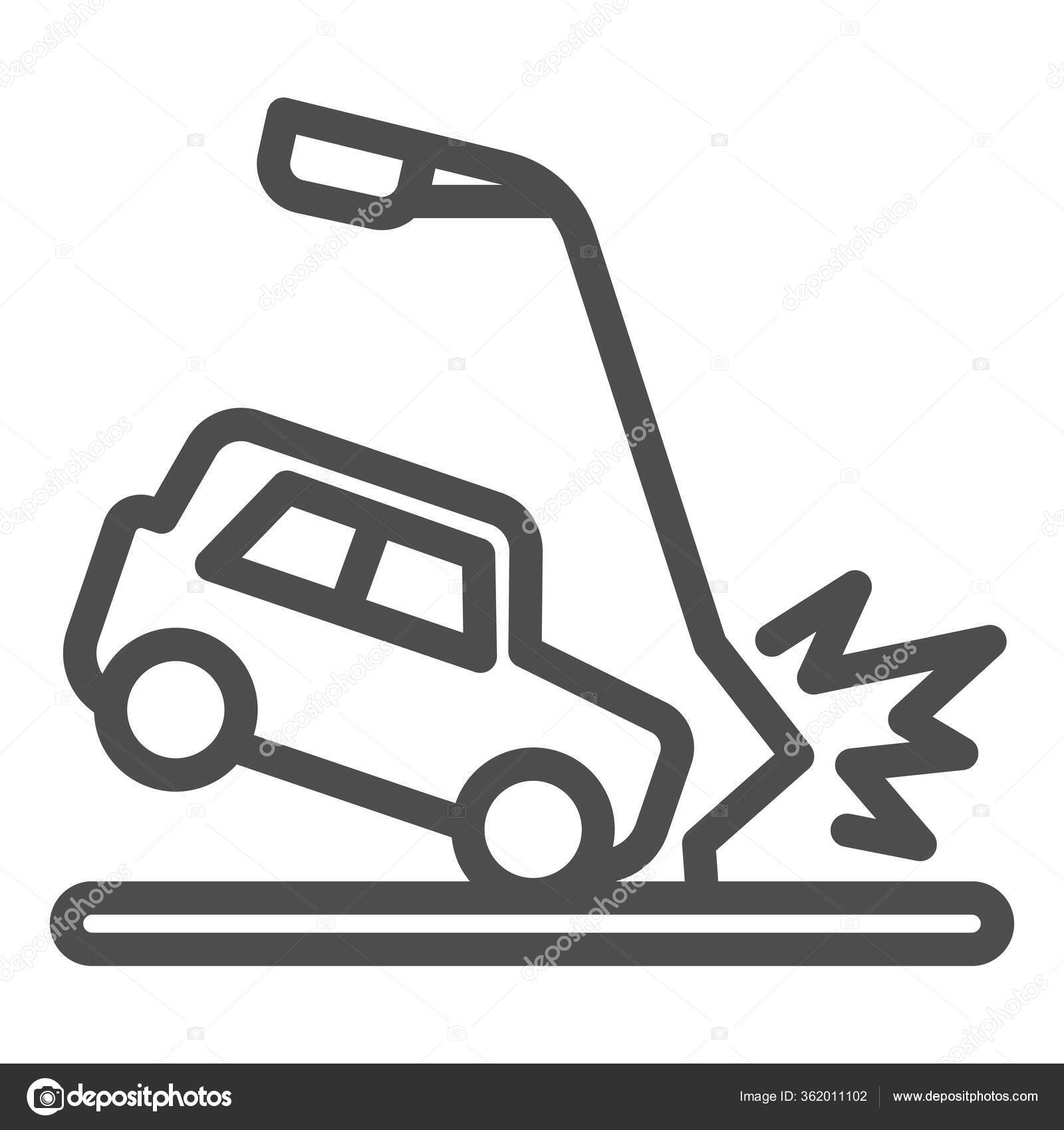 Automobile hit lamp post line icon. Vehicle crash into street lighting ...